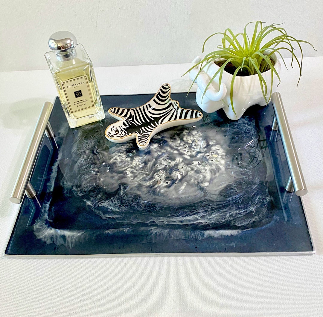 Geode DARK Navy Blue Resin Decorative Serving Tray With Modern Silver ...