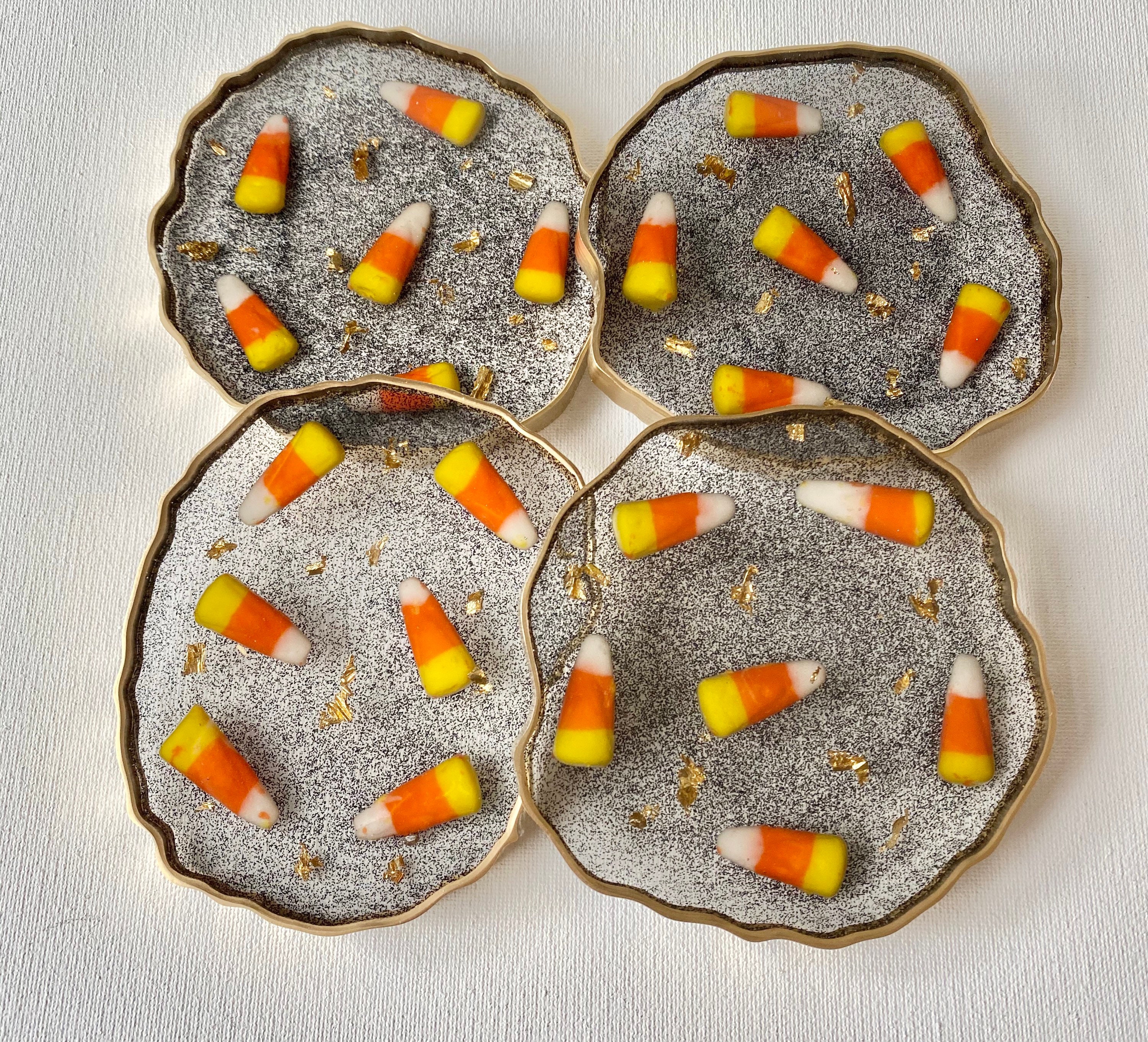 Halloween Candy Corn Resin Coaster Set- Clear With Black Bottom Agate ...