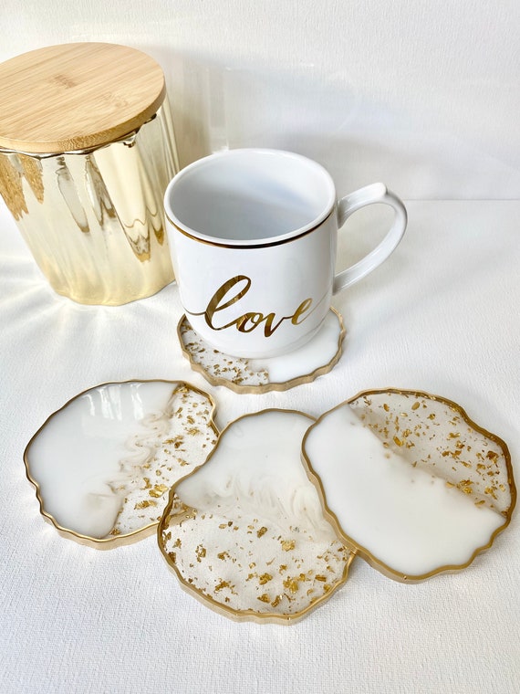 Resin Coaster Set White and Gold Flake Resin Marble Geode Coasters Handmade Agate Epoxy Coasters Housewarming Teacher Gifts Etsy