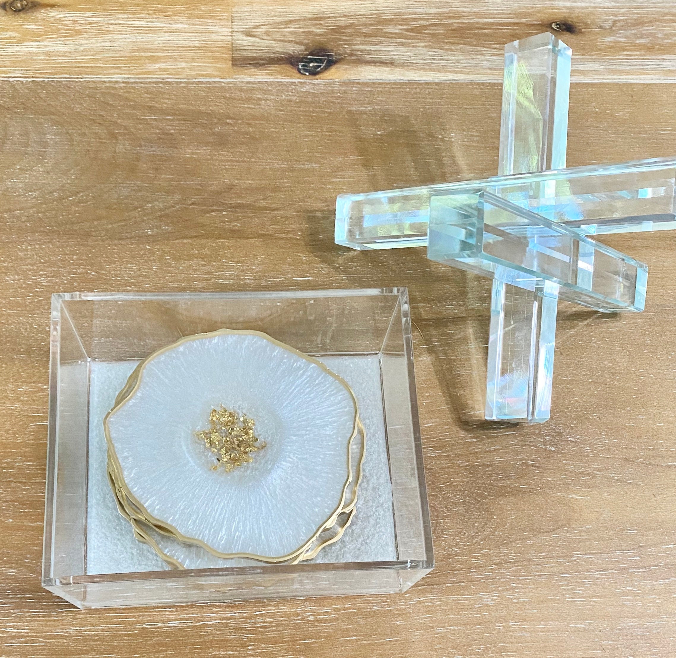White Moonstone Resin Geode Coasters With Acrylic Holder/organizer ...