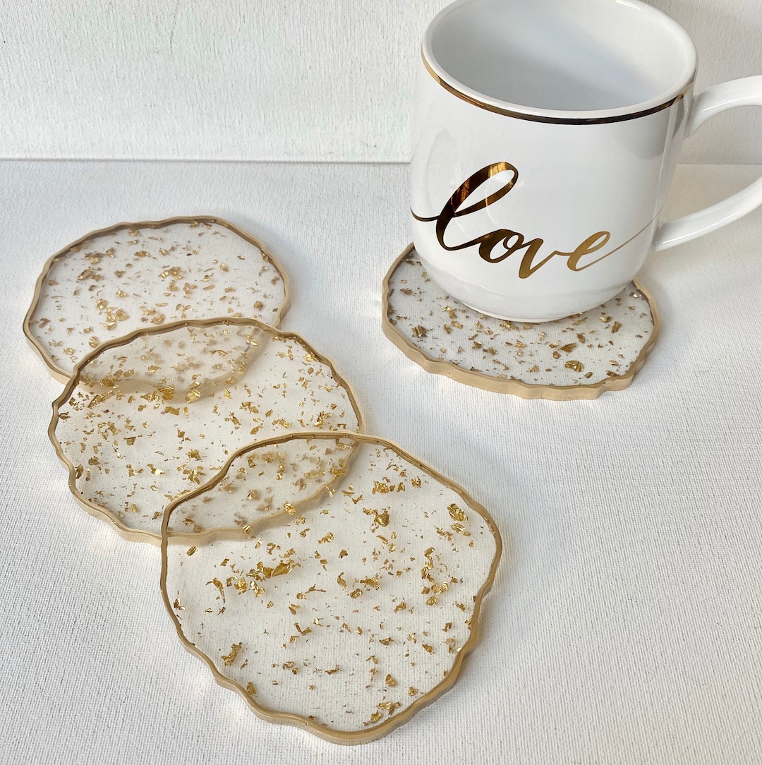 Modern Gold Metallic Flake Resin Coaster Set, Agate Geode Coasters ...
