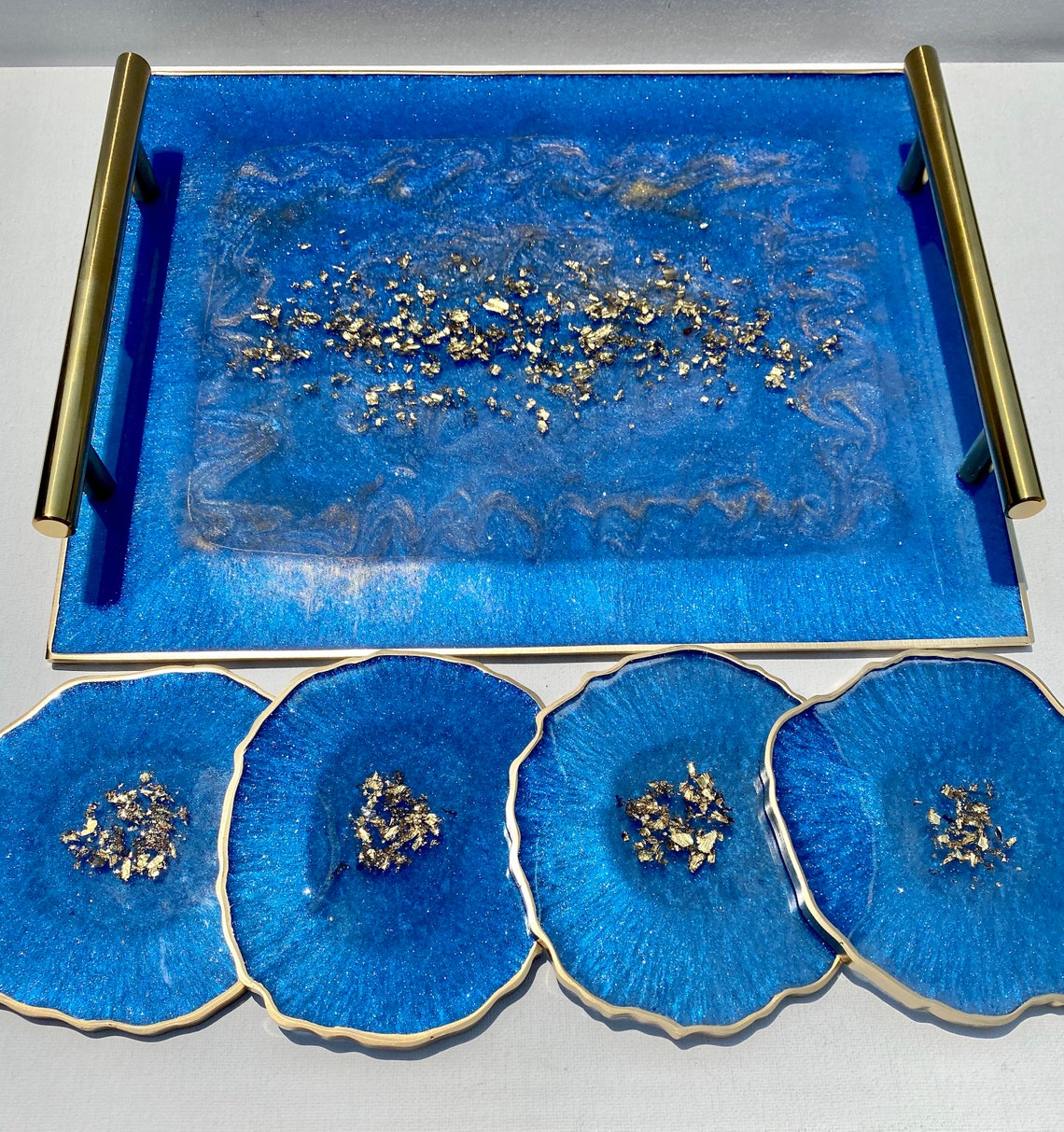 Geode Navy Blue Resin Coaster Set and Serving Tray With Modern Gold Bar ...