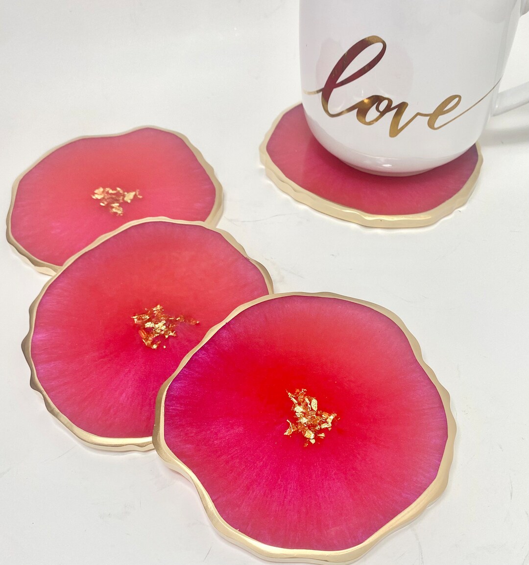 Fuschia Bubble Gum Pink Resin Geode Agate Coasters Set With Gold ...