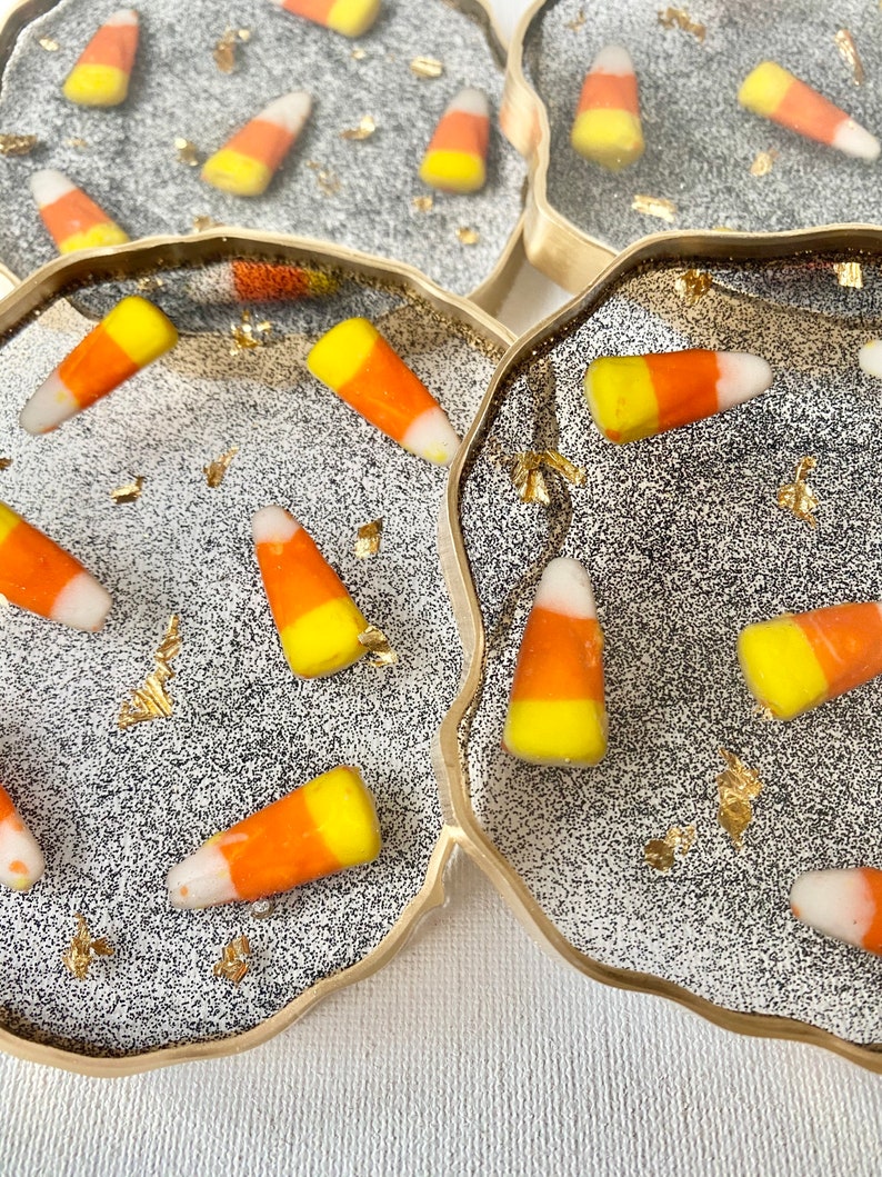 Halloween Candy Corn Resin Coaster Set Clear With Black - Etsy