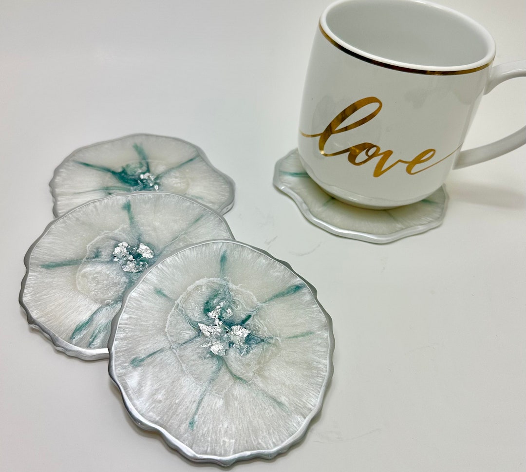 Resin Coaster Set, Moonstone White & Emerald Green Geode Agate Coaster ...