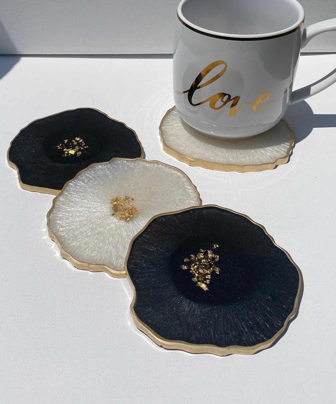 Resin Coaster Set Black and White Geode Agate Resin Coasters- Moonstone ...