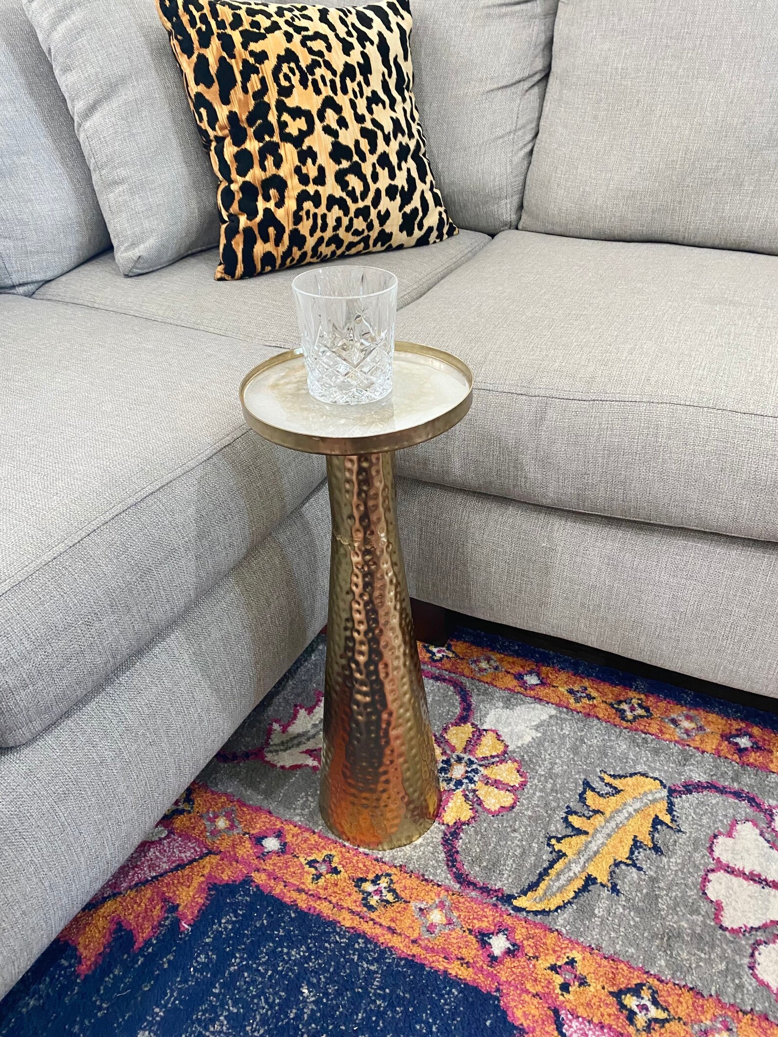 Cocktail Martini Drink Table, Hammered Metal Gold & White Geode Resin ...