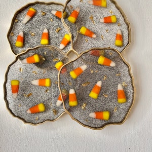 Halloween Candy Corn Resin Coaster Set Clear With Black Bottom Agate ...