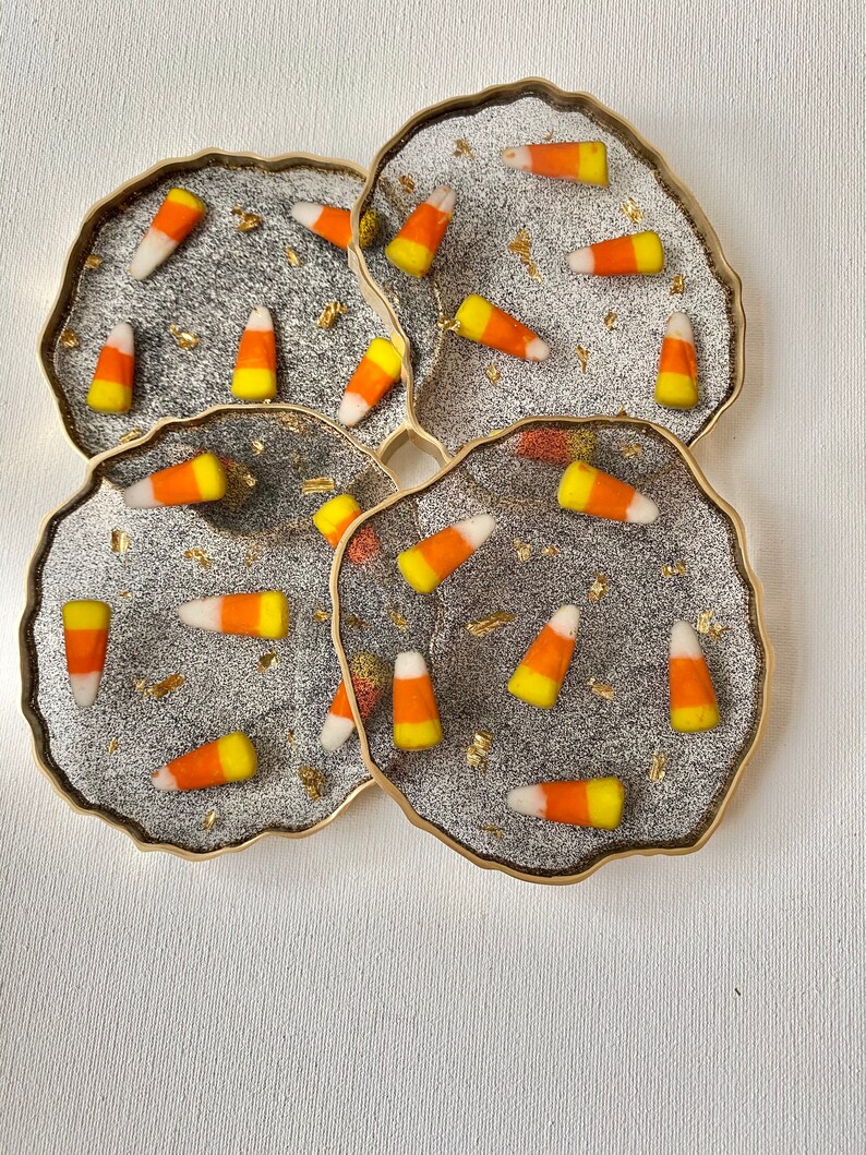 Halloween Candy Corn Resin Coaster Set Clear With Black - Etsy
