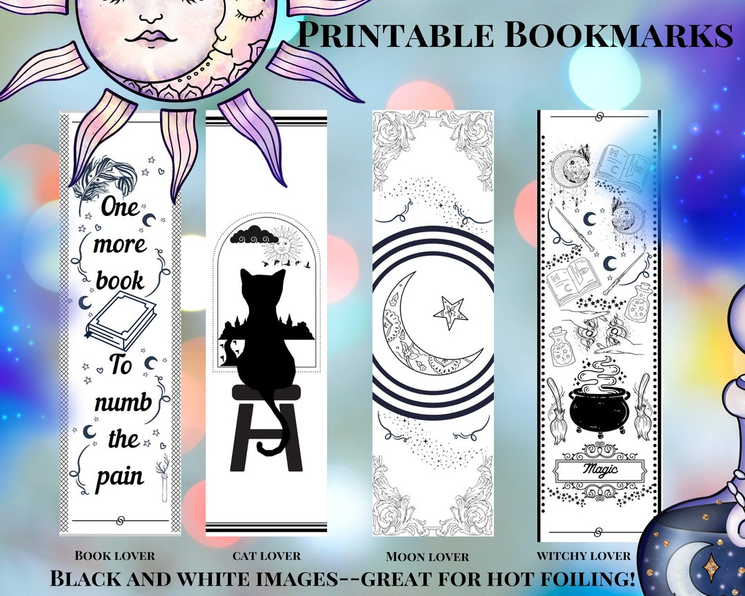4 Printable Downloadable Bookmarks, Cauldron and Broomsticks, Cat ...