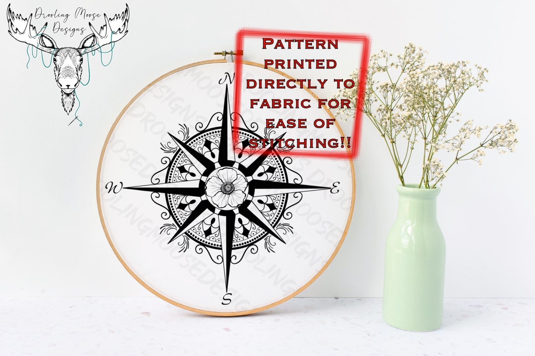 PRINTED | FLOWER COMPASS | Hand Embroidery Template Printed on Fabric ...