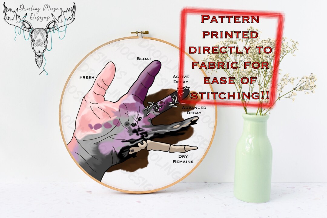 PRINTED DECAYED HAND Embroidery Template Pattern Printed on Fabric ...