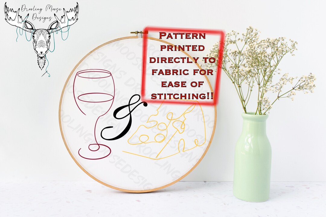 PRINTED | WINE & CHEESE | Embroidery Template Printed on Fabric | Wine ...