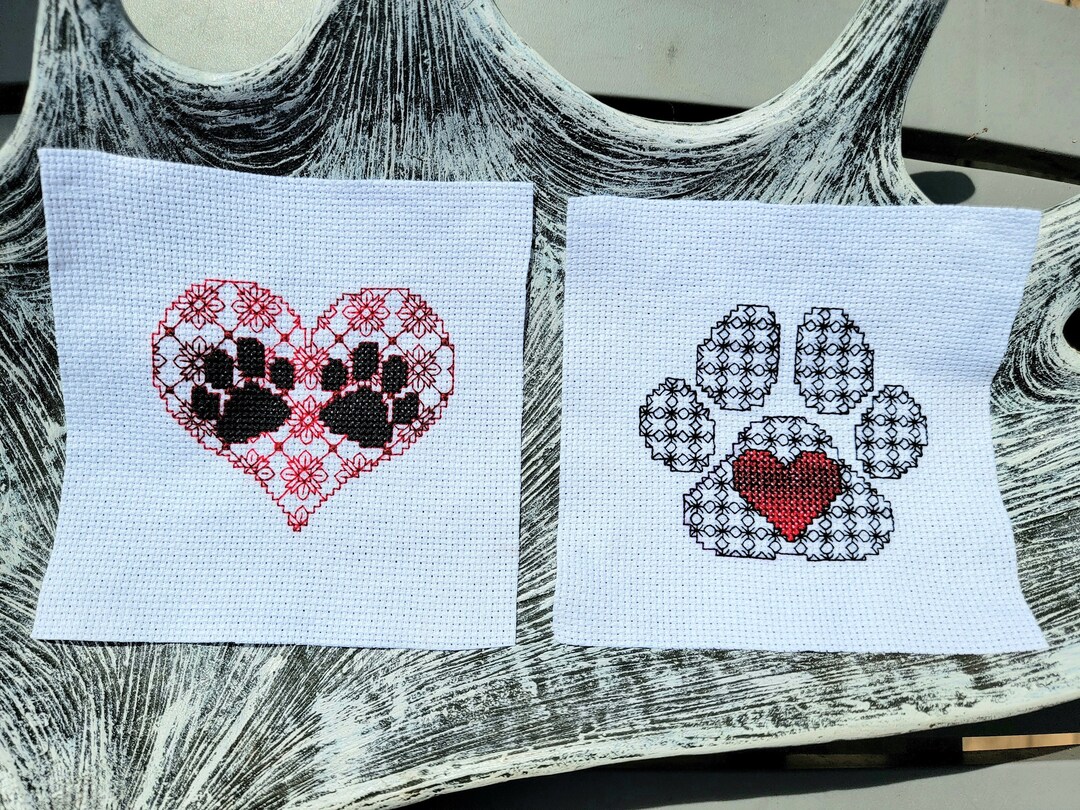 PAW PRINTS With HEARTS - Blackwork & Cross Stitch Blend - Pdf Digital ...