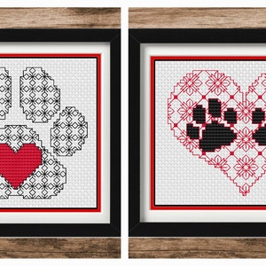 PAW PRINTS With HEARTS - Blackwork & Cross Stitch Blend - Pdf Digital ...