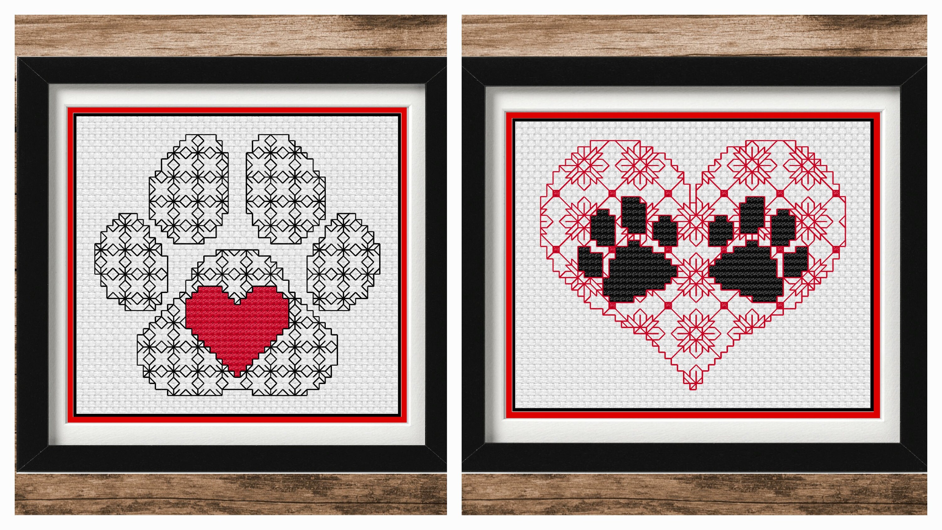 PAW PRINTS With HEARTS - Blackwork & Cross Stitch Blend - Pdf Digital ...
