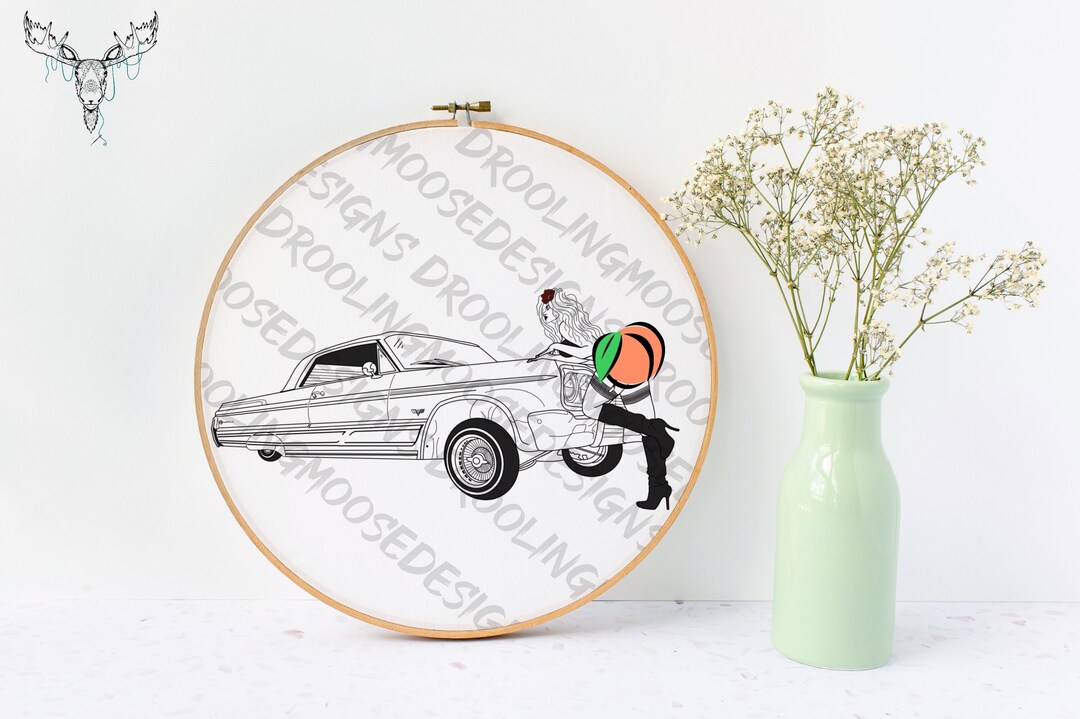 1964 IMPALA LOWRIDER With Hot Car Girl 10 Inch Embroidery Template ...