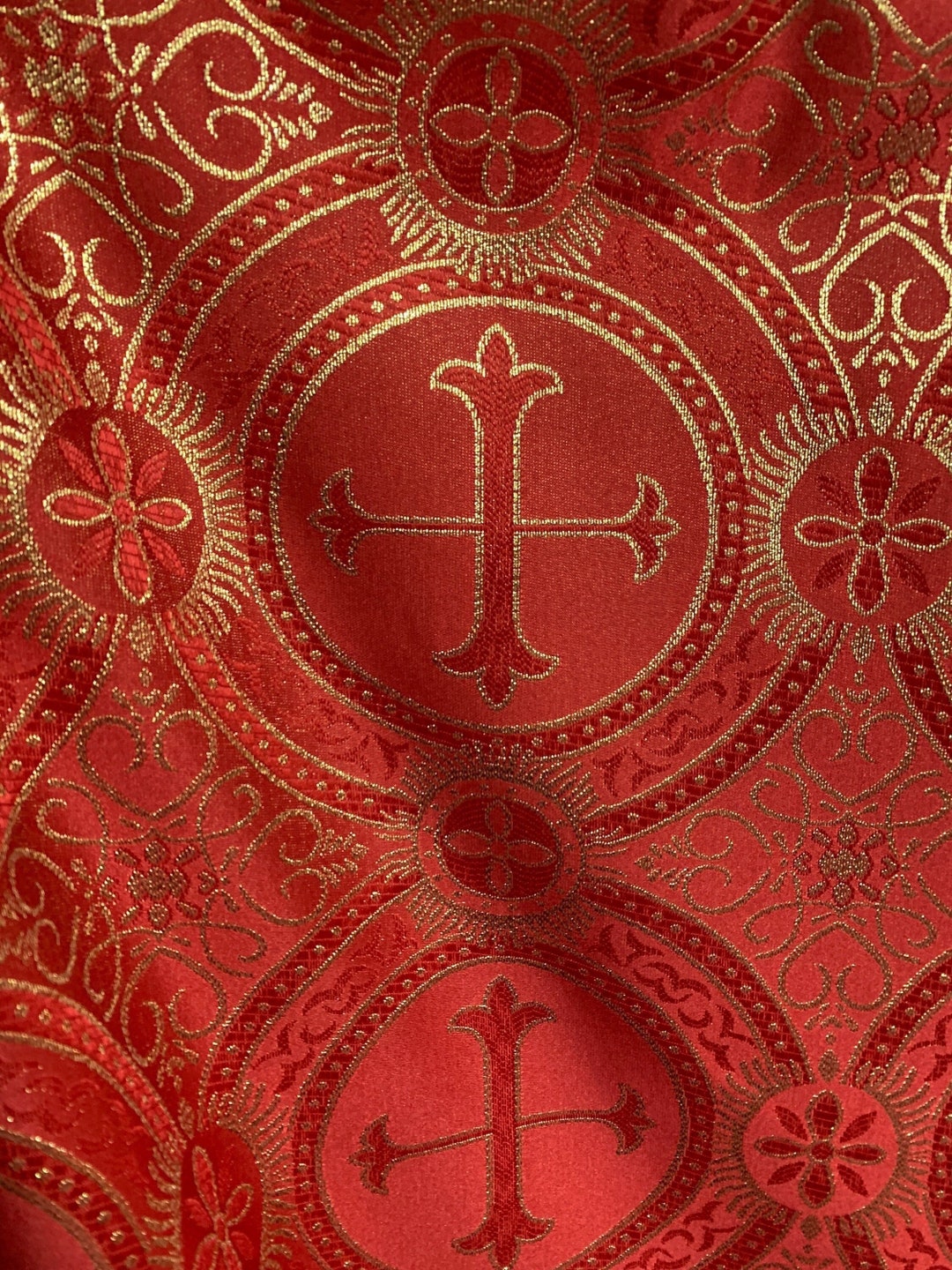 RED GOLD Metallic Liturgical Cross Brocade Fabric (55 In.) Sold by the ...