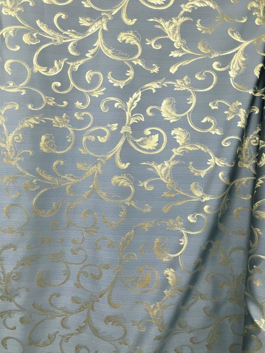 BLUE GOLD Brocade Flower Floral Upholstery Drapery Fabric (110 In ...