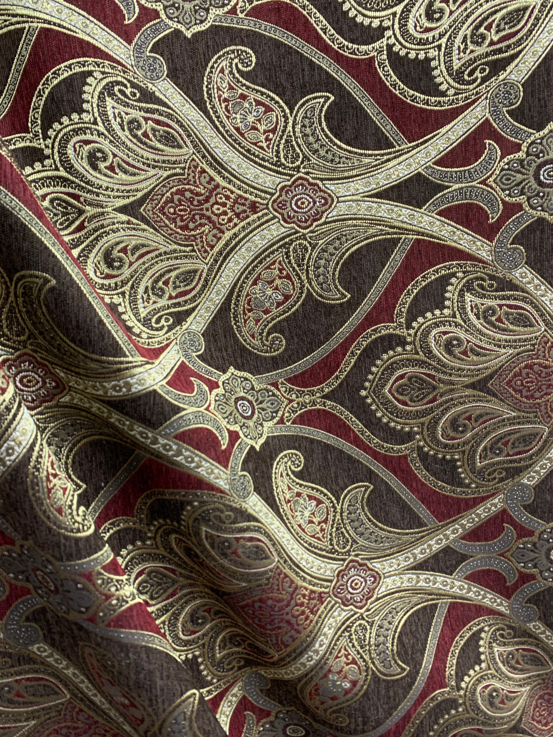 GOLD BROWN BURGUNDY Damask Chenille Upholstery Brocade Fabric (56 In ...