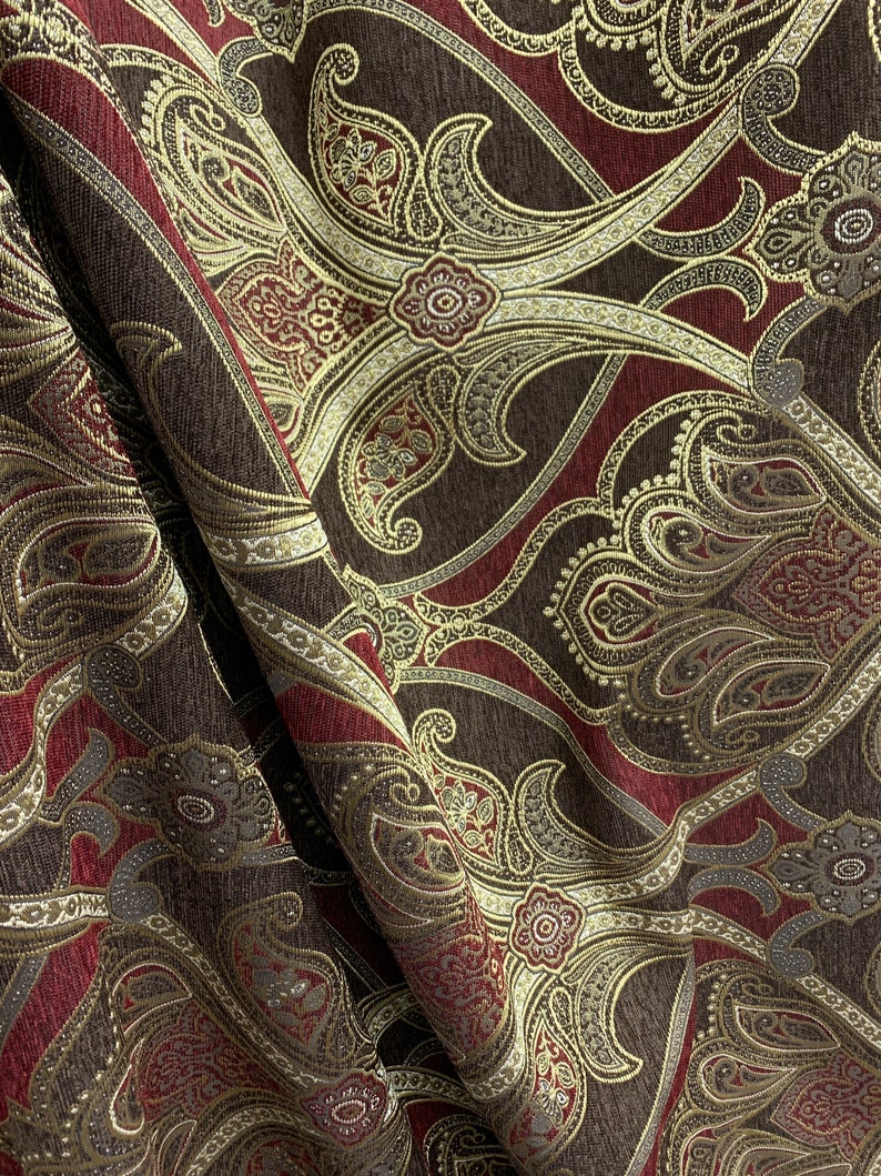 GOLD BROWN BURGUNDY Damask Chenille Upholstery Brocade Fabric (56 In ...