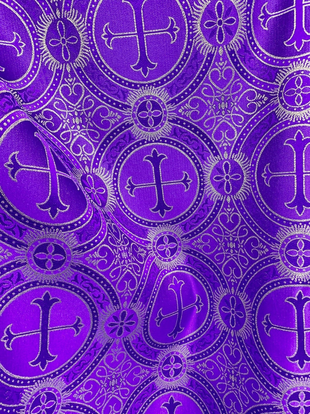 DEEP PURPLE GOLD Metallic Liturgical Cross Brocade Fabric (55 In.) Sold ...