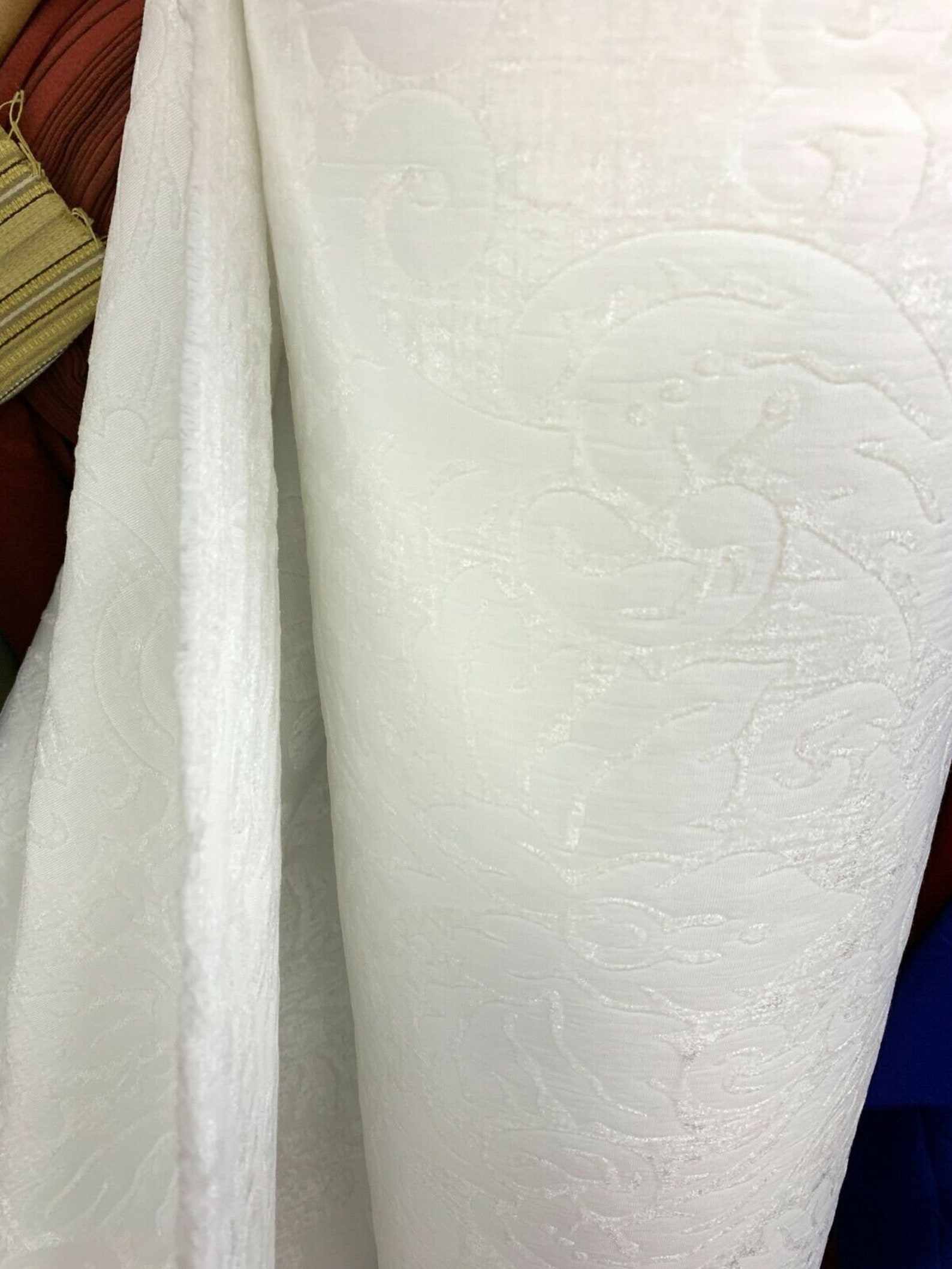WHITE Damask Chenille Upholstery Brocade Fabric (54 In.) Sold by the ...