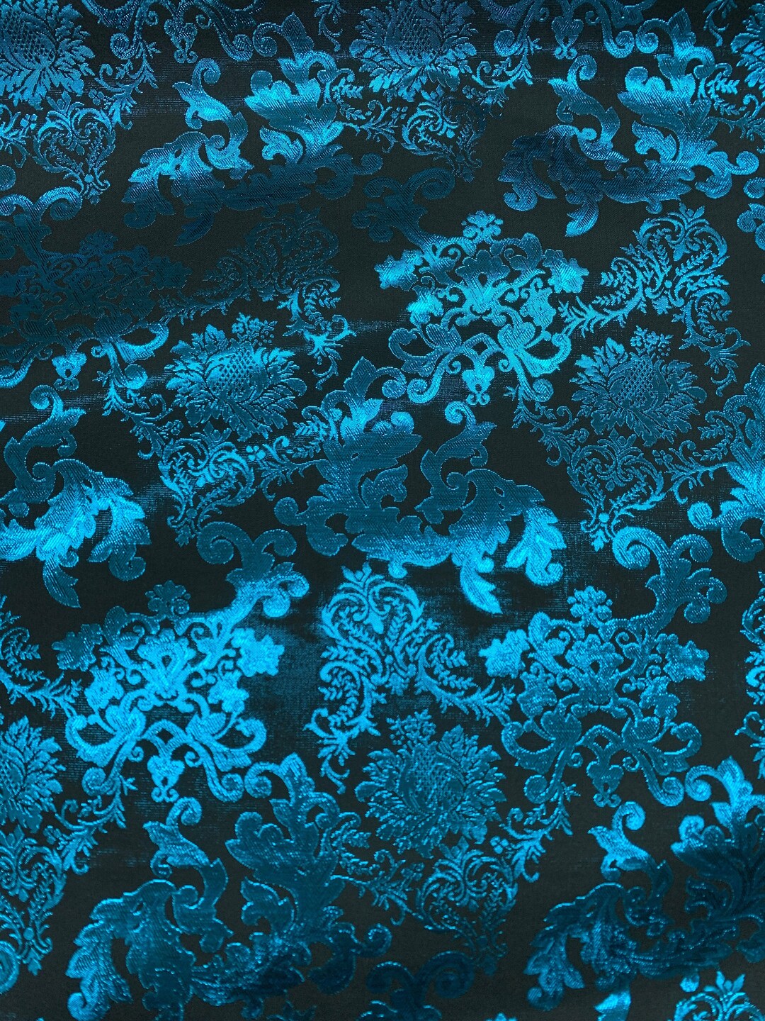 TURQUOISE BLUE BLACK Damask Metallic Brocade Fabric (58 In.) Sold by ...