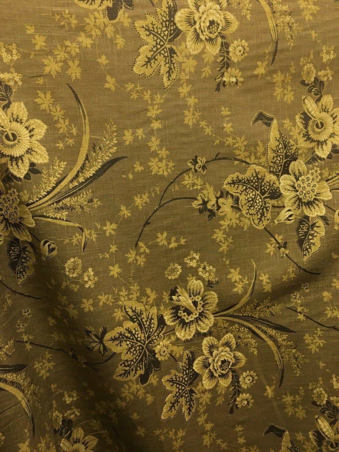 DARK GOLD BROWN Floral Printed Cotton Linen Fabric (54 In.) Sold by the ...