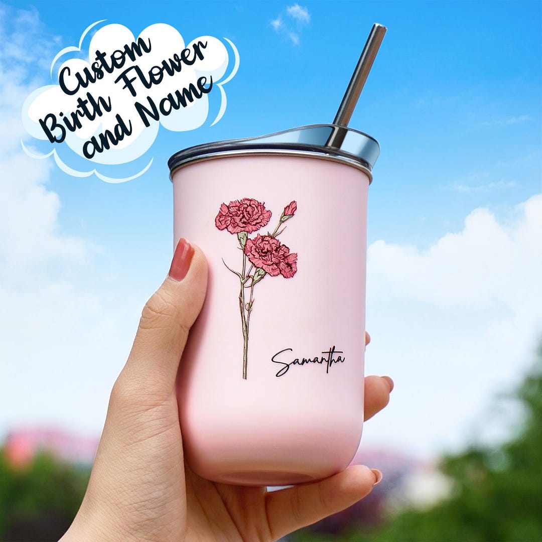 Personalized Birth Flower Coffee Cup With Name | Birth Flower Iced ...