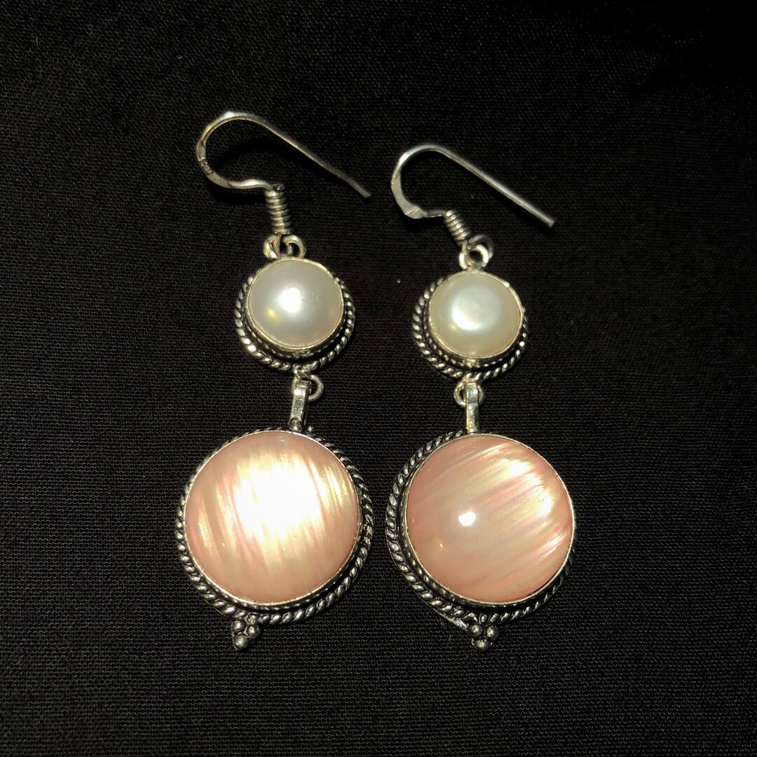 NACRE Pink, PEARL and SILVER. Unique and Feminine Earrings. Pearl, Pink ...