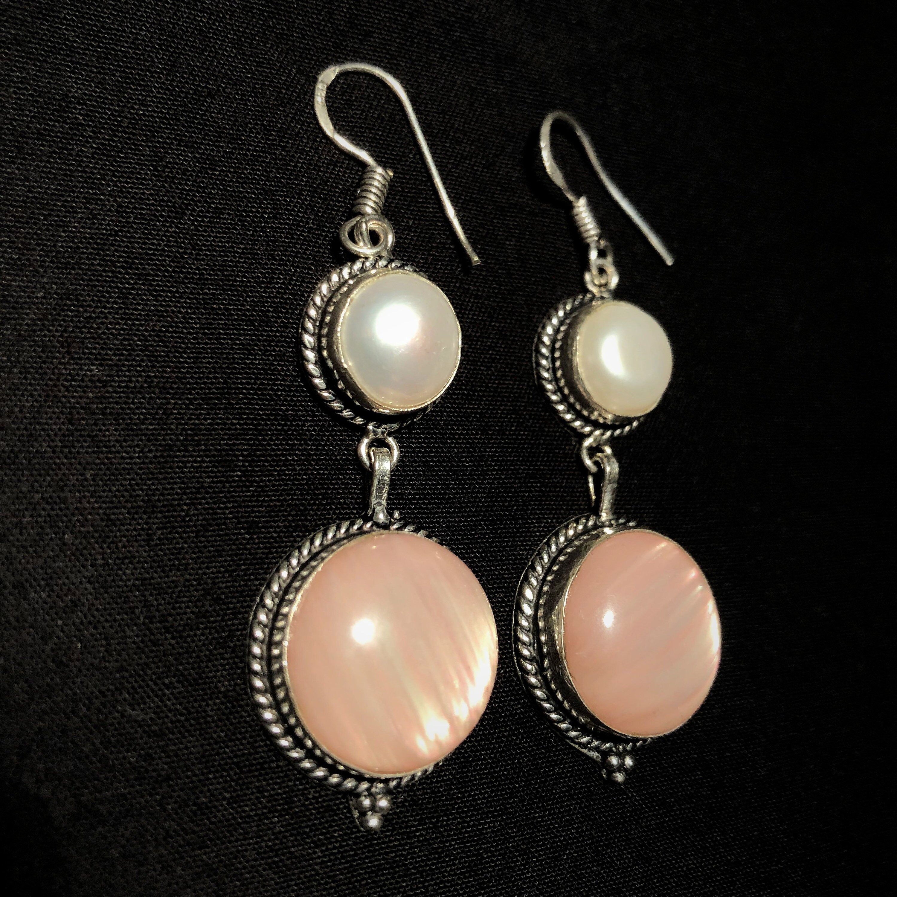 NACRE Pink, PEARL and SILVER. Unique and Feminine Earrings. Pearl, Pink ...