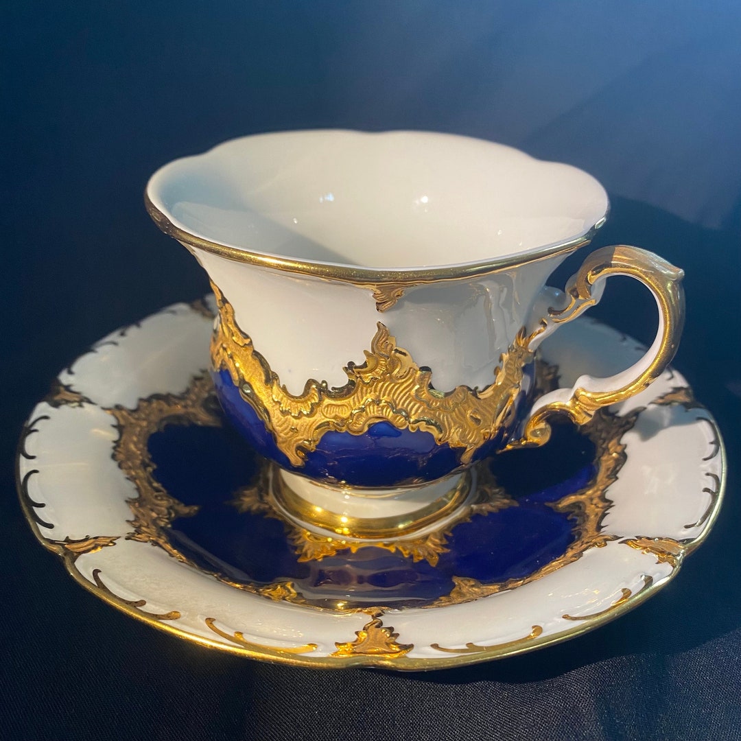 Antique Saucer and Cup Set in MEISSEN Porcelain, Cobalt Blue and Solid ...