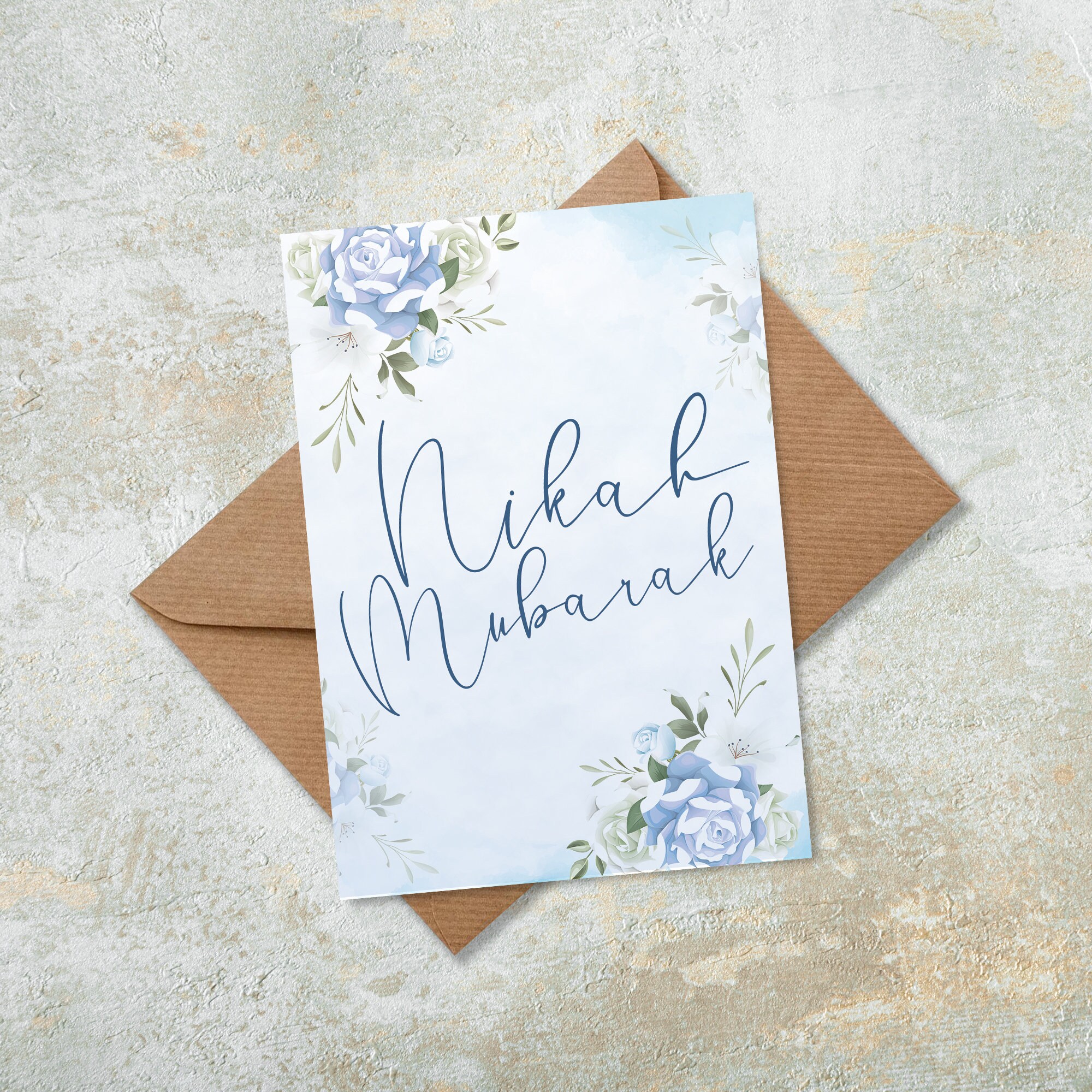 Blue Floral Nikah Mubarak Card English Calligraphy Nikah Gift | Etsy