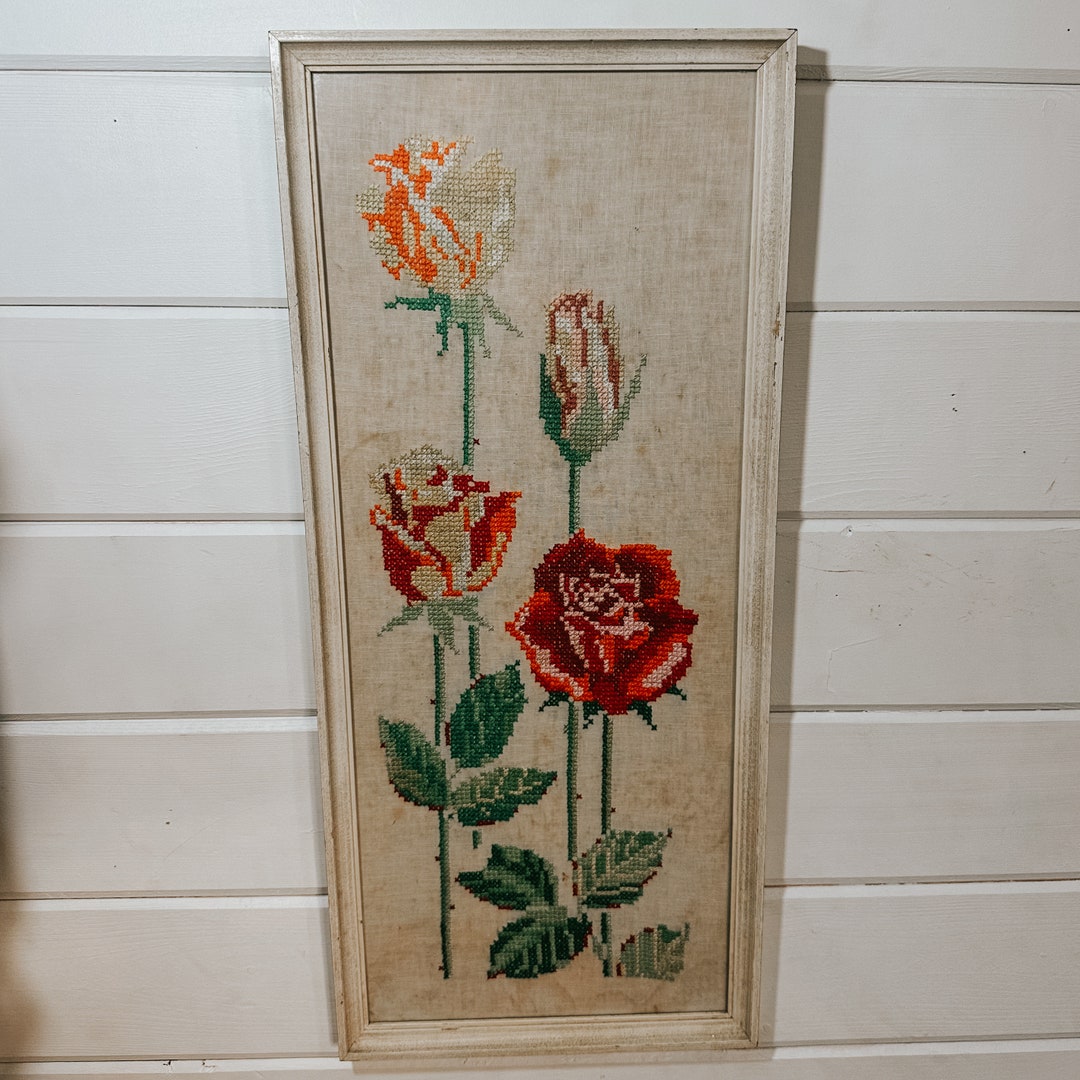 Antique Floral Needlepoint Framed Wall Hanging | Gallery Wall - Etsy