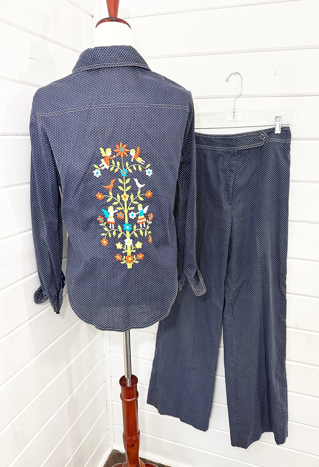 Vintage 70s Embroidered Polka Dot Outfit: Floral Retro Pants Set - Etsy