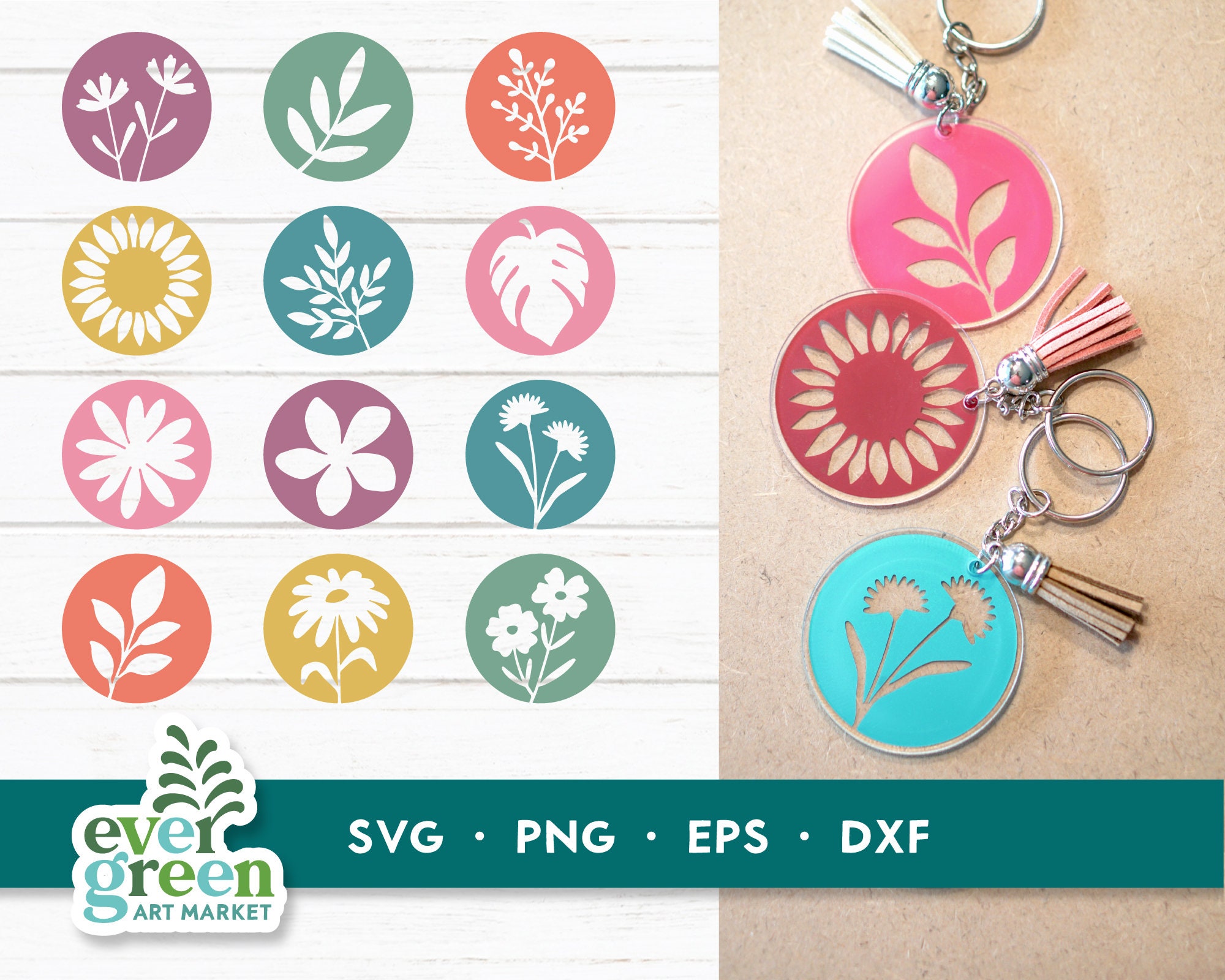 Floral Keychain Svg Bundle Circle Key Ring Svg Round Svg - Etsy
