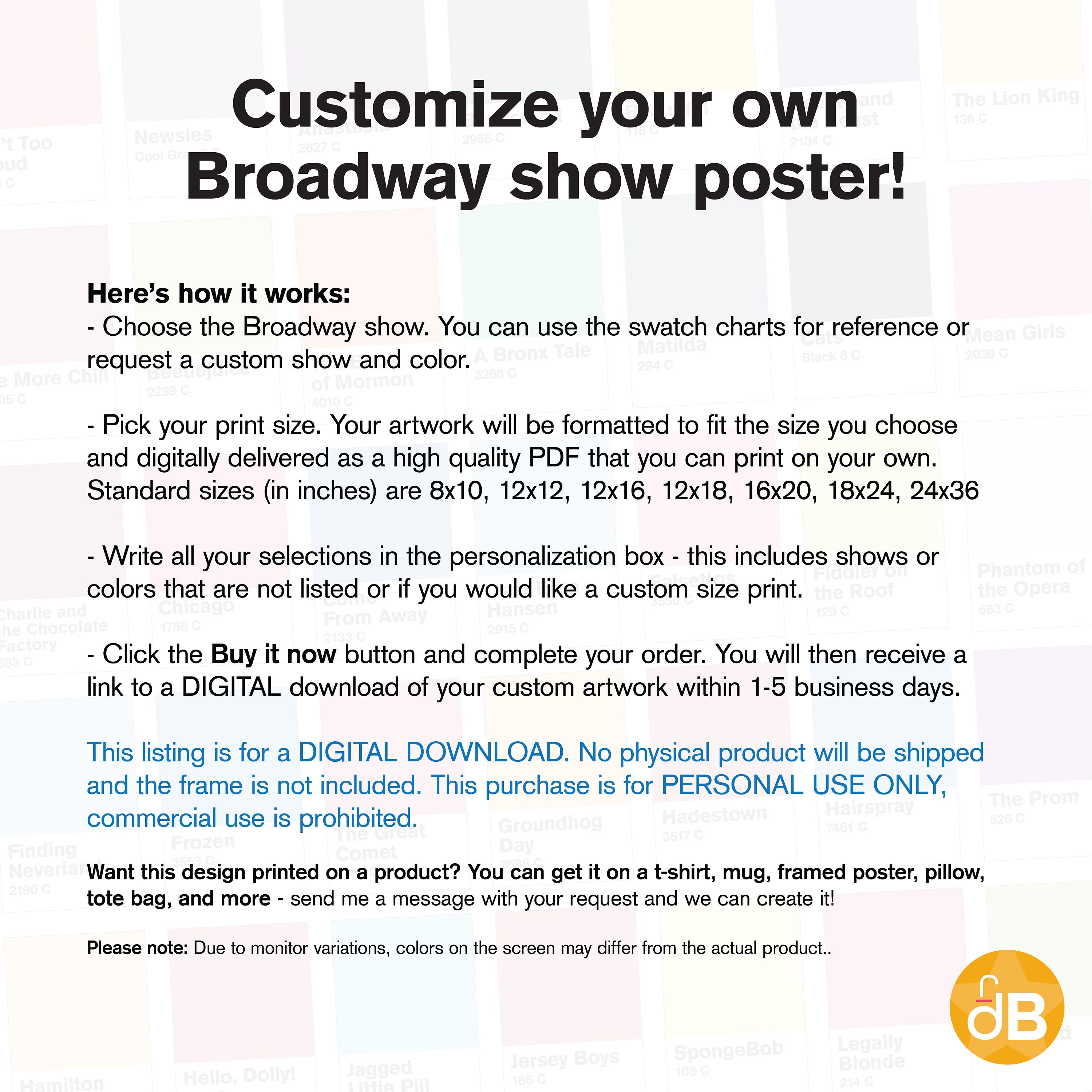 CUSTOM BROADWAY POSTER, Digital Download, Pantone Color Swatches ...