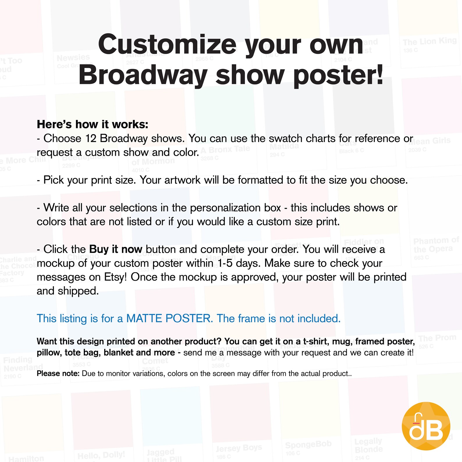 CUSTOM BROADWAY POSTER, 12 Pantone Color Swatches, Musical Theater ...