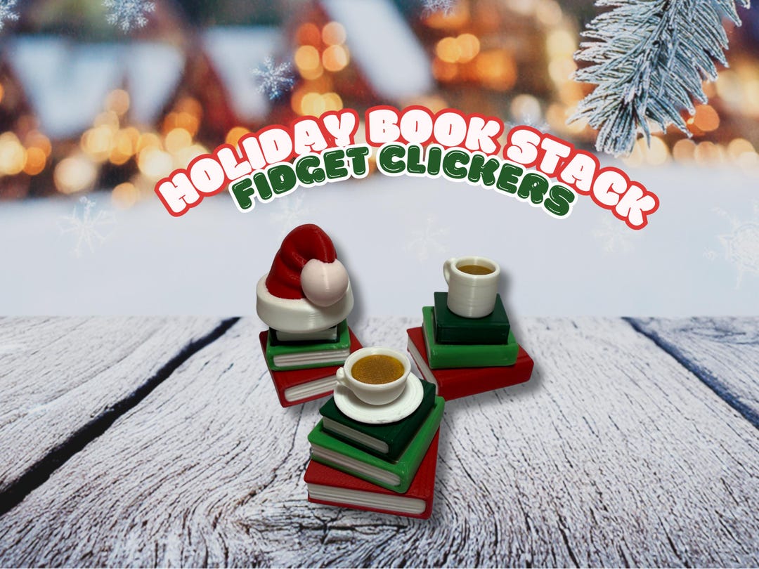 Cozy Holiday Book Stack Fidget Clickers | Santa Hat • Tea Cup • Coffee ...