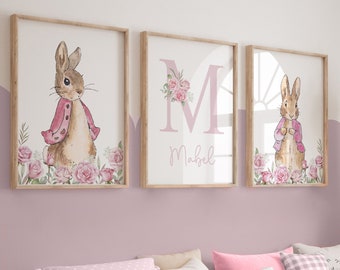 Peter Rabbit Girls Nursery Prints Set of 3, Personalised Baby Room ...