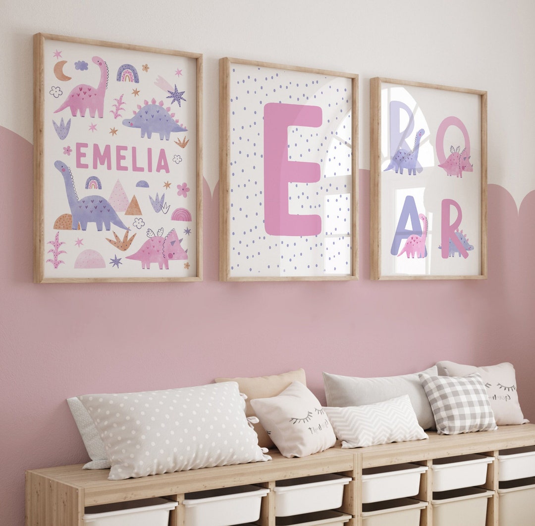 Girls Room Wall Art,girl Dinosaur Prints,pink,purple,girls Bedroom ...