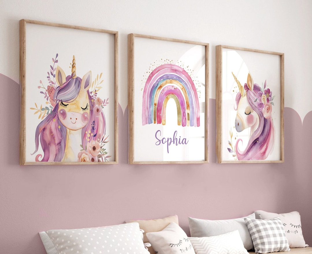 Set of 3, Unicorn Prints, Personalised, Girl Bedroom Decor, Unicorn ...