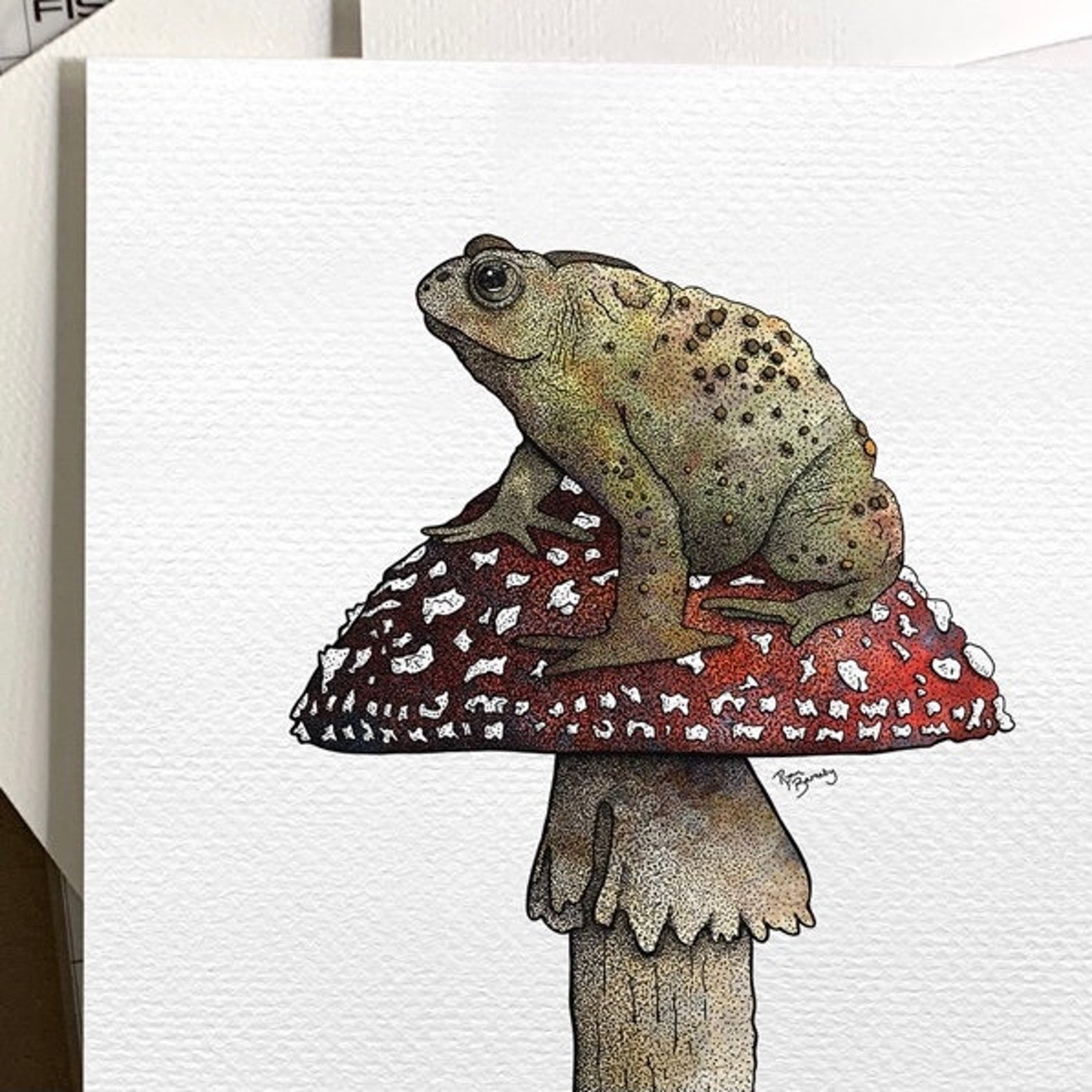 Art Print Toad on Mushroom, Stippling, Mushroom Art, Toad Art, Nature ...