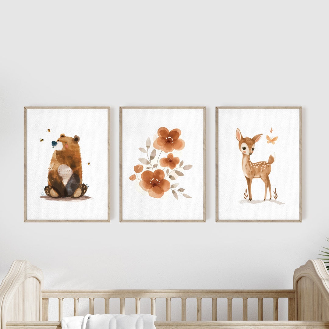 Woodland Animal Nursery Prints, Set of 3, Floral Nursery Wall Art, Bear ...