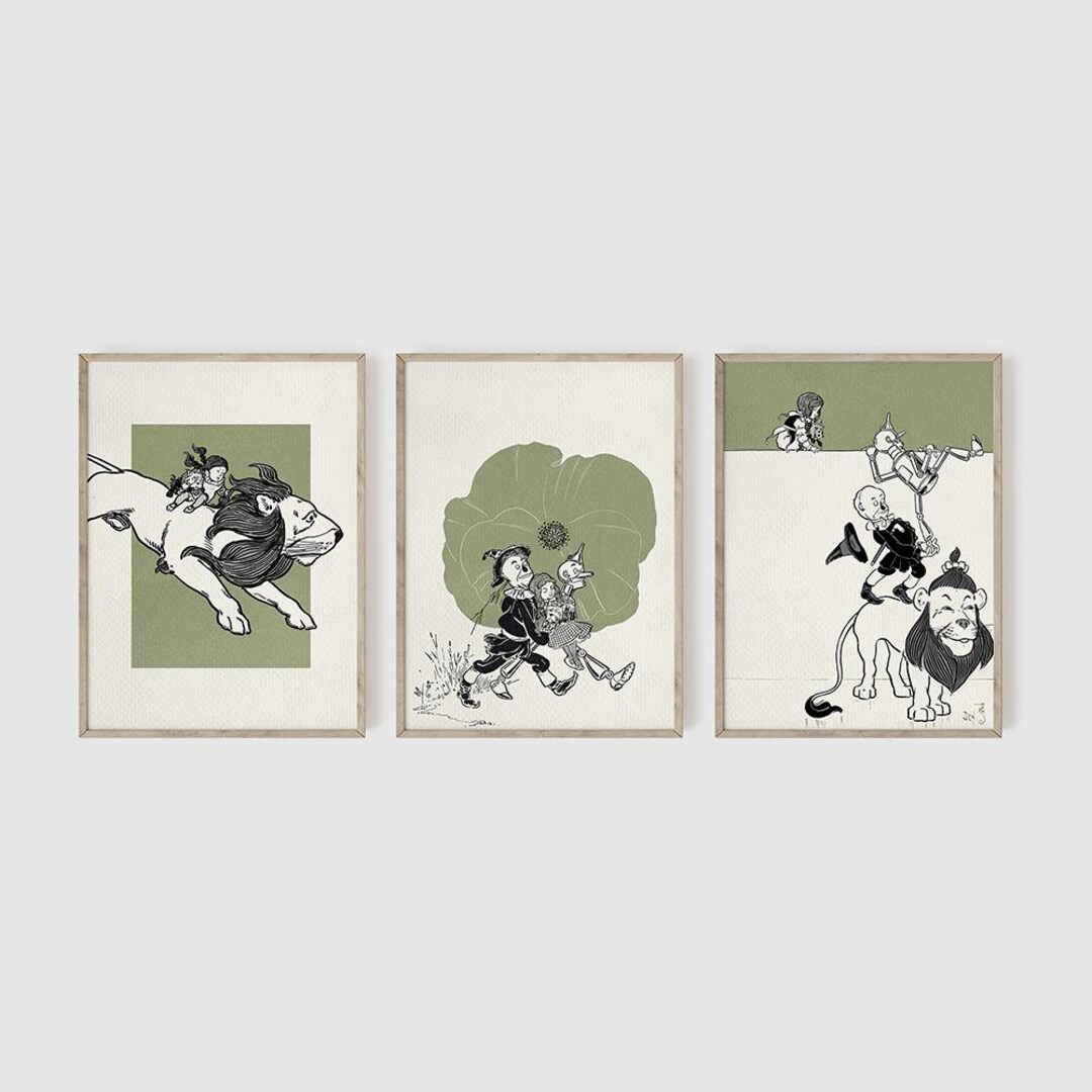 Wizard of Oz, Set of 3 Prints, Sage Green Art, Nursery Wall Art, Kids ...
