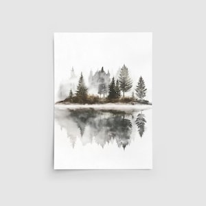 Tree Reflection Print, Watercolor Trees, Mountain Wall Art, Pine Trees ...