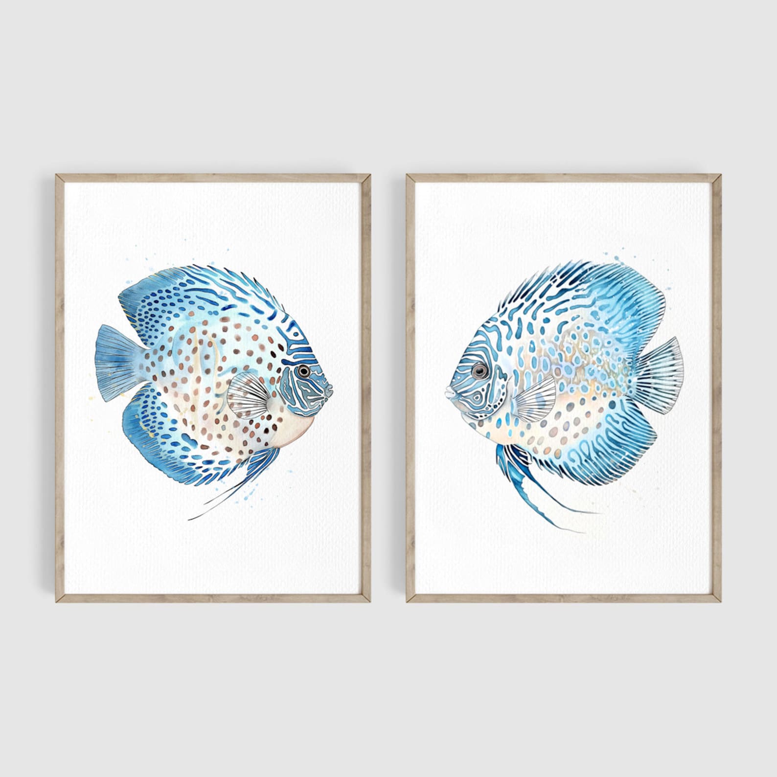 Abstract Watercolor Discus Fish, Set of 2 Prints, Blue Fish Painting ...