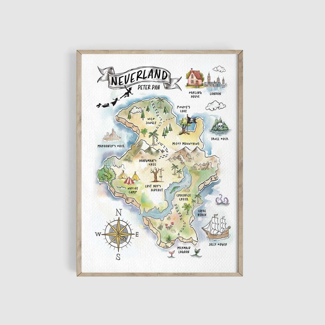 Peter Pan's Neverland Watercolor Map Art Print, Peter Pan Art Prints ...