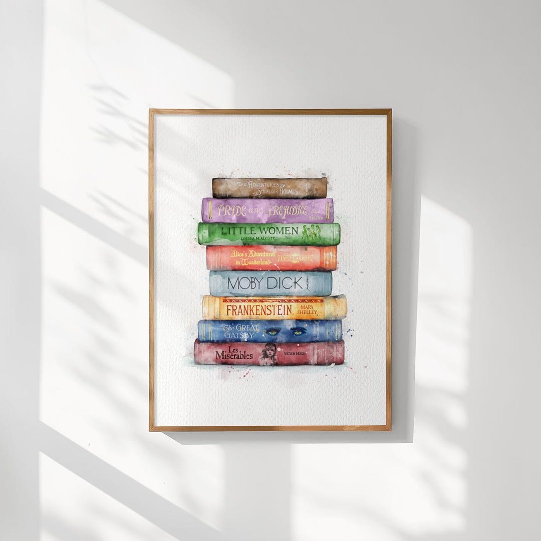 Book Watercolor Illustration, Classic Book Wall Art Print, Book Stack ...